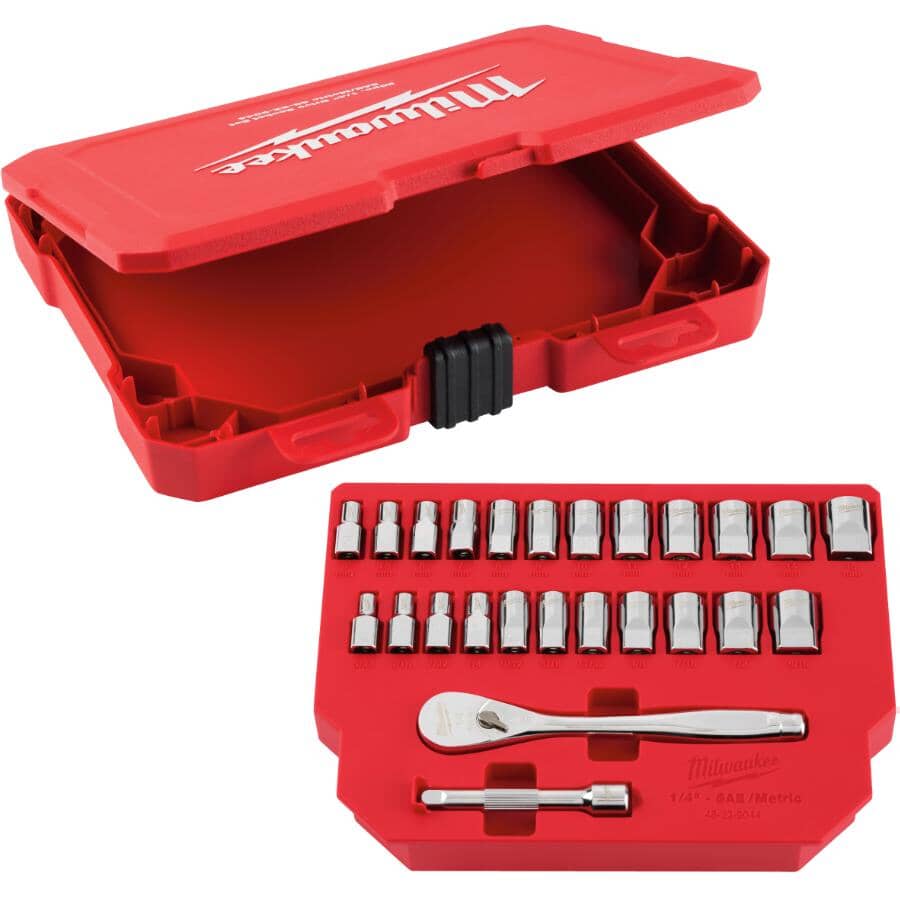 MILWAUKEE 1/4" Drive Metric / SAE Ratchet & Socket Set | Home Hardware