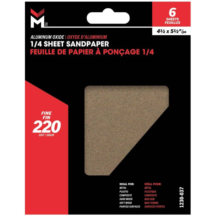 BENCHMARK 6 Pack 220 Grit 1/4 Sheet Aluminum Oxide Sandpaper | Home ...