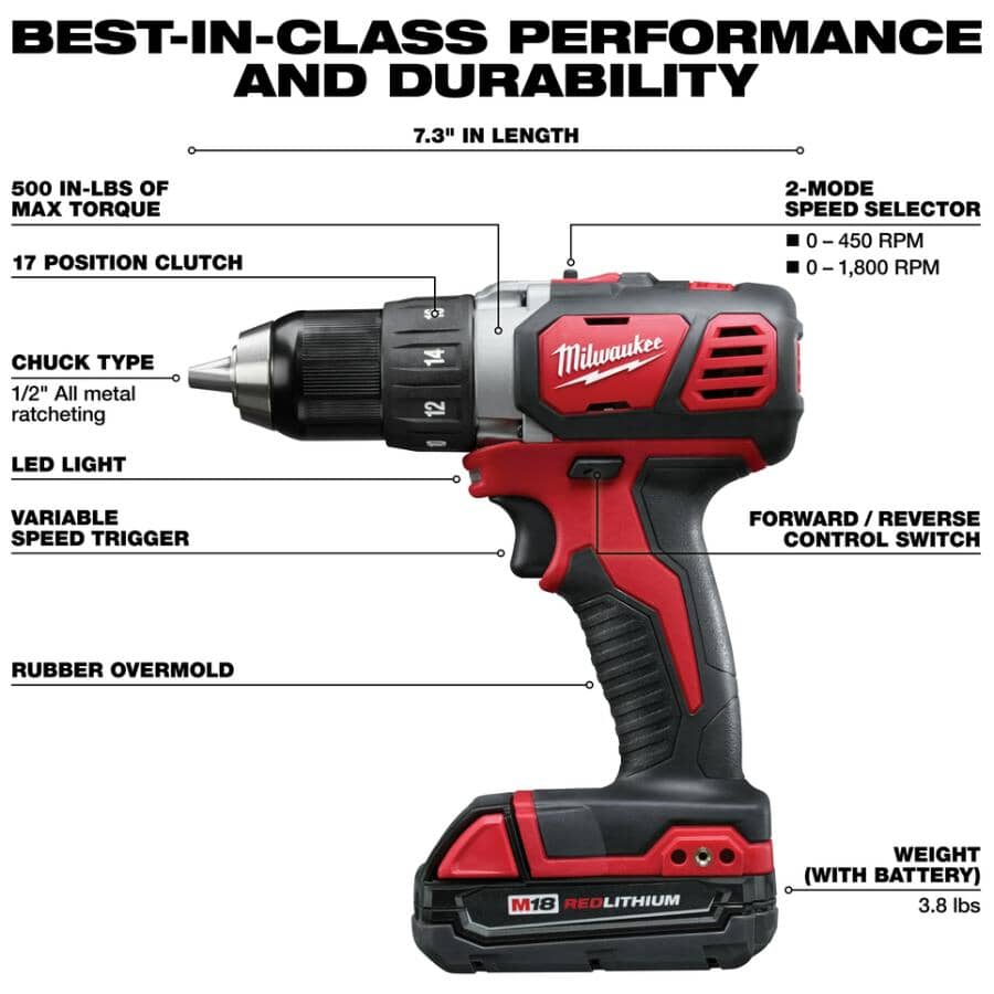 MILWAUKEE M18 Redlithium Cordless Compact 1/2" Drill Driver Kit – 18V ...