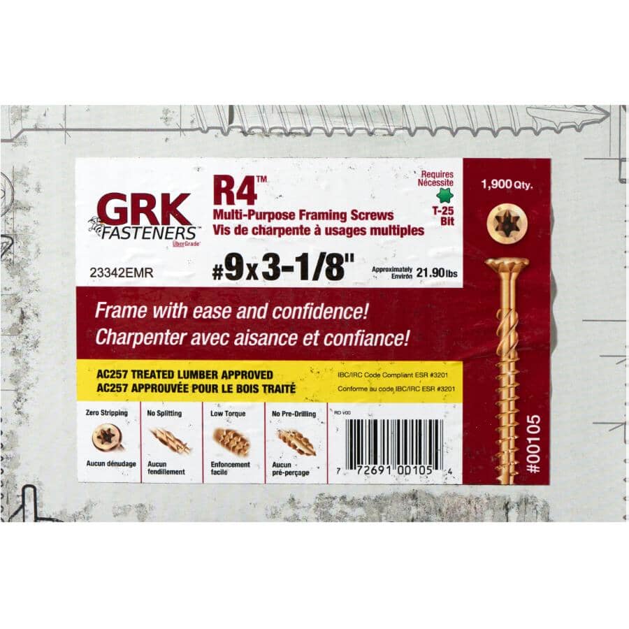 GRK FASTENERS #9 x 3-1/8" Climatek Star Drive R4 Structural Wood Screws ...