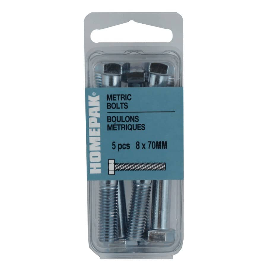 HOME PAK 5 Pack M8 x 70mm #8.8 Zinc Plated Coarse Hex Bolts | Home Hardware