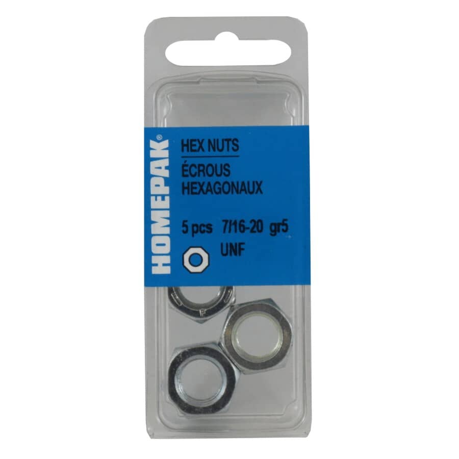 HOME PAK 5 Pack 7/16-20 #5 Zinc Plated Fine Hex Nuts | Home Hardware