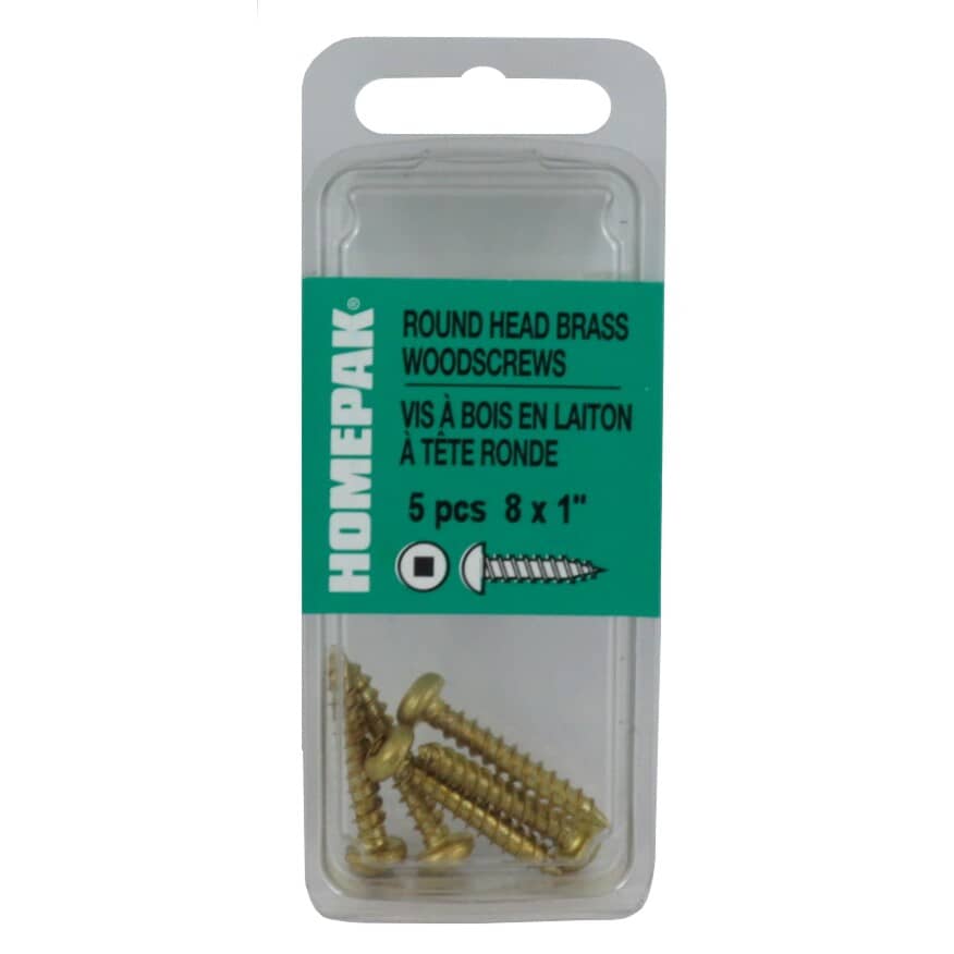 HOME PAK 5 Pack #8 x 1" Round Head Socket Brass Wood Screws | Home Hardware
