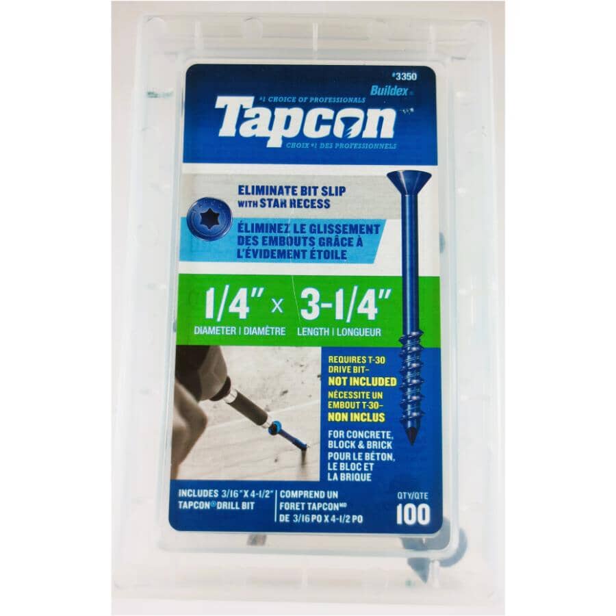 TAPCON 100 Pack 1/4" x 3-1/4" Flat Head Concrete Screws, with Drill Bit ...