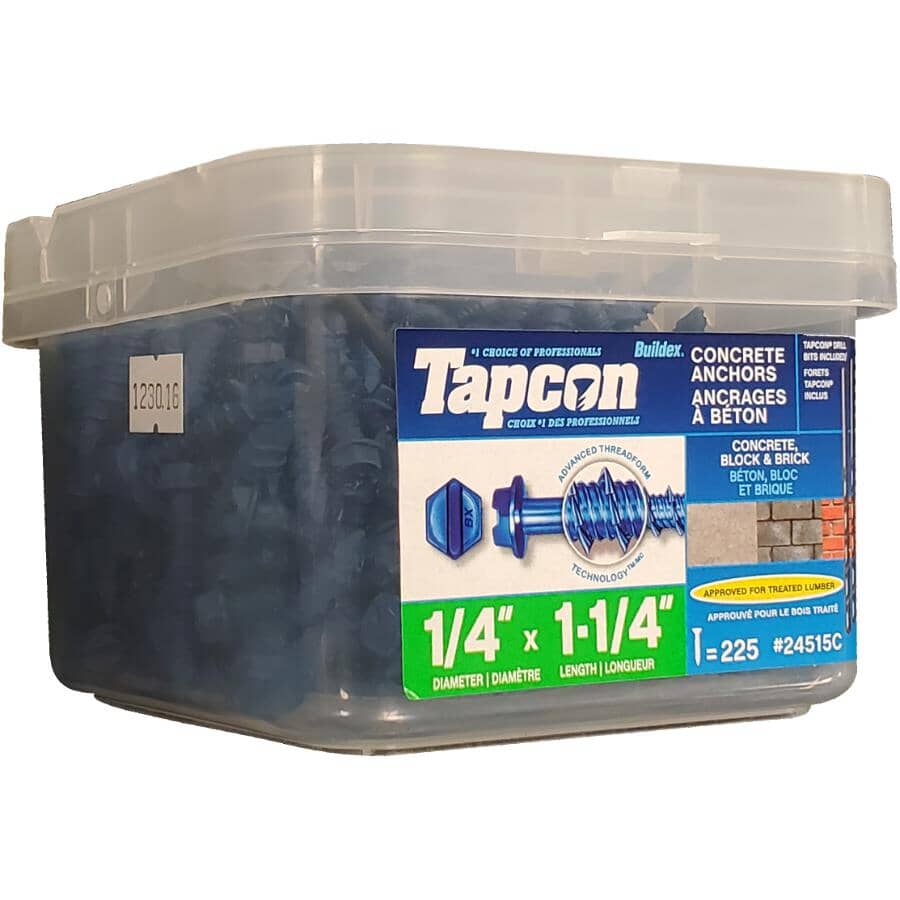 TAPCON Paquet de 225 vis à béton à tête hexagonale avec forets, 1/4 po ...