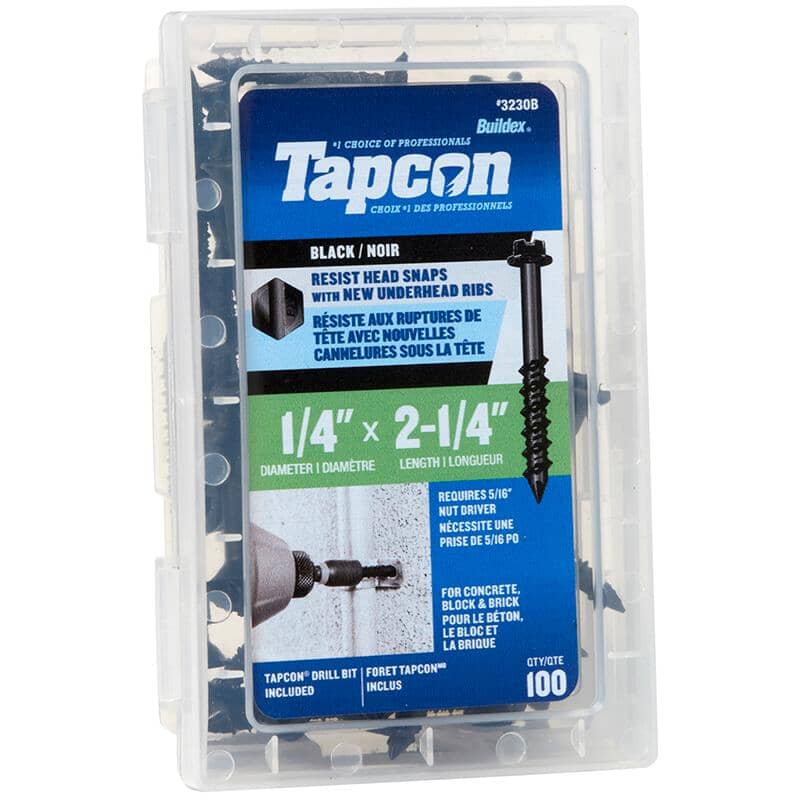 TAPCON 100 Pack 1/4" x 2-1/4" Black Hex Head Concrete Screws | Home ...