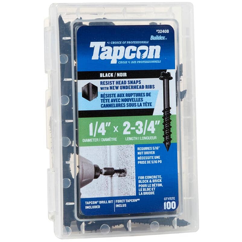 TAPCON 100 Pack 1/4" x 2-3/4" Black Hex Head Concrete Screws | Home ...