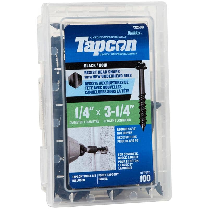 TAPCON 100 Pack 1/4" x 3-1/4" Black Hex Head Concrete Screws | Home ...