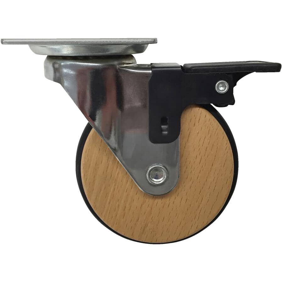 3" Wooden Wheel Swivel Plate Caster, with Brake