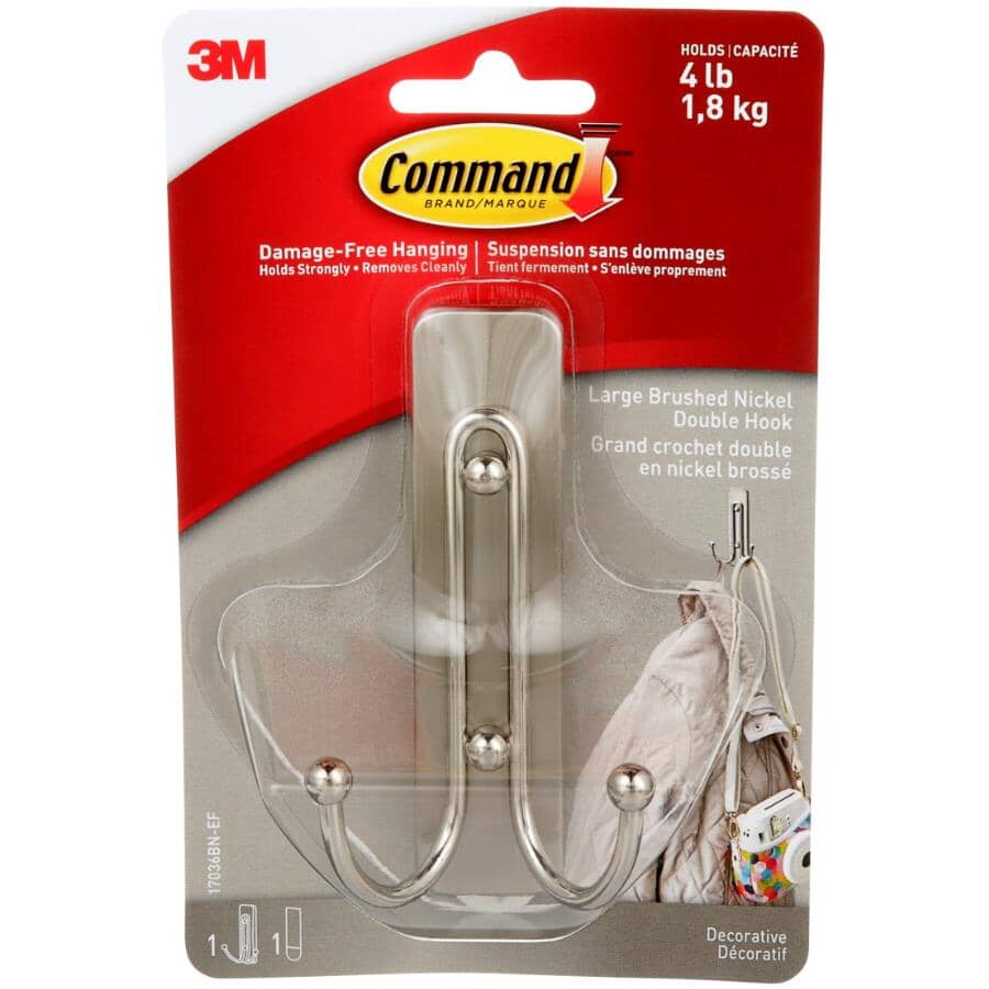COMMAND Large Brushed Nickel Double Hook | Home Hardware