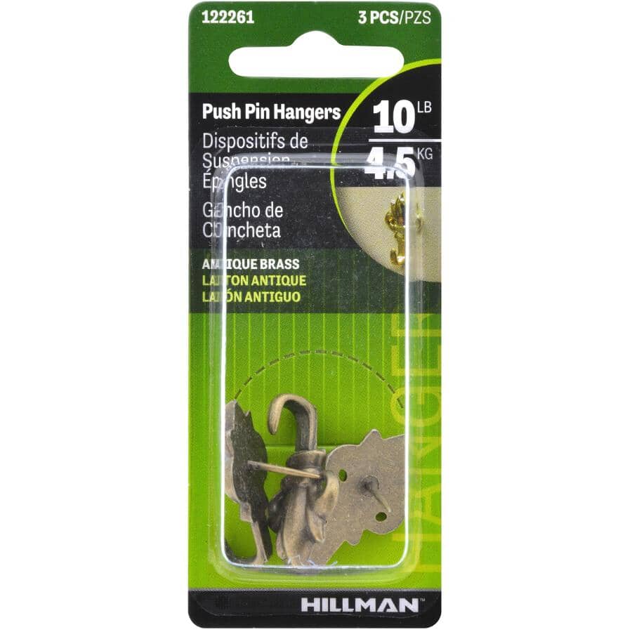 HILLMAN 3 Pack 10lb Antique Brass Push Pin Picture Hangers | Home Hardware