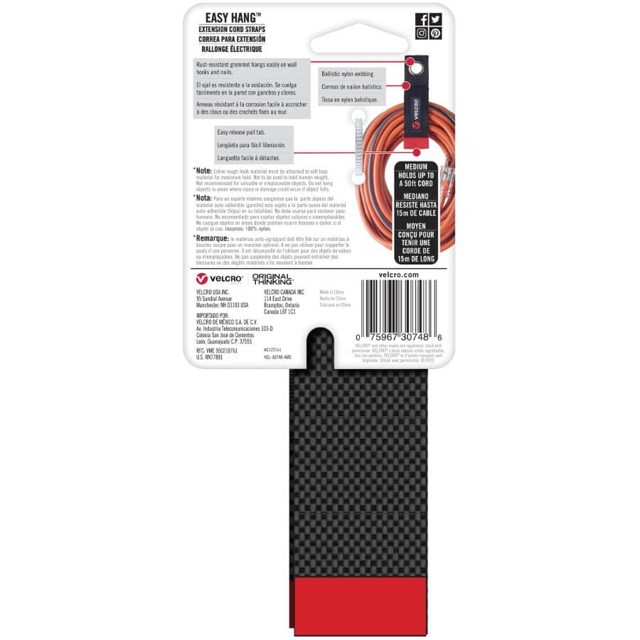 VELCRO (R) BRAND FASTENERS 1-3/4" x 14" Black Easy Hang Extension Cord ...