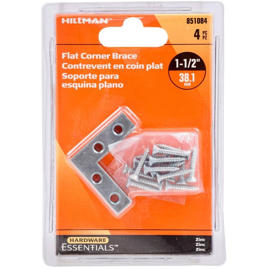 HILLMAN 4 Pack 1-1/2" Zinc Flat Corner Plates, with Screws | Home Hardware