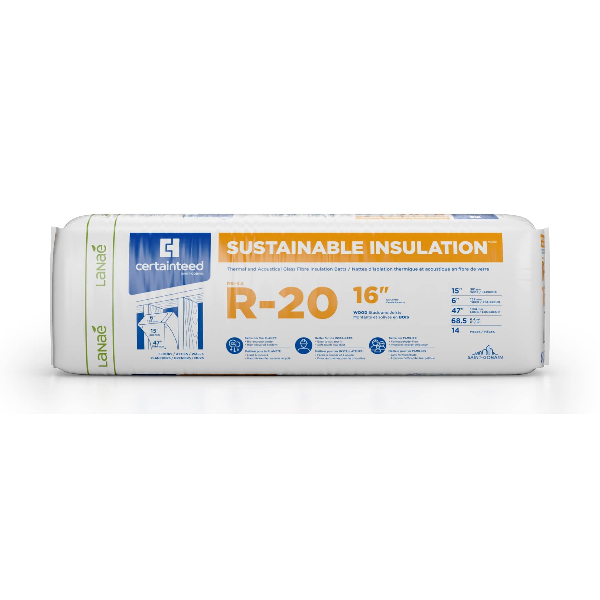 LANAE R20 x 15" Fiberglass Insulation, covers 68.54 sq. ft. | Home Hardware