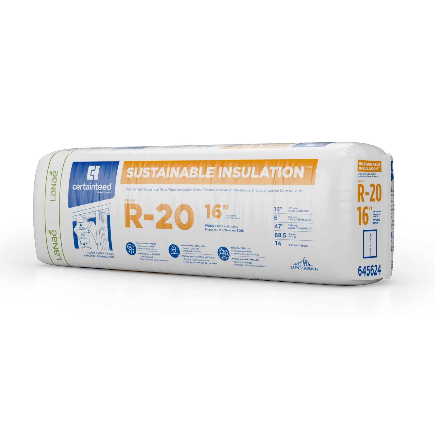 LANAE R20 x 15" Fiberglass Insulation, covers 68.54 sq. ft. | Home Hardware