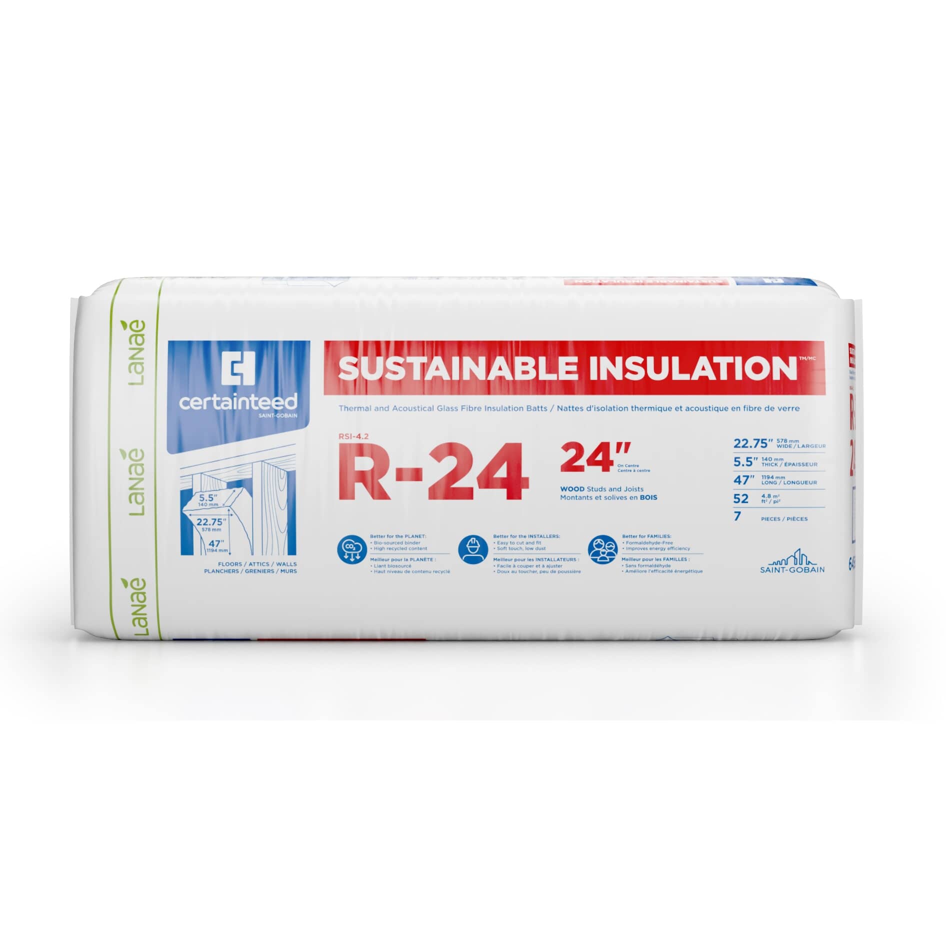 LANAE R24 x 22.75" Fiberglass Insulation, covers 51.98 sq. ft. | Home ...