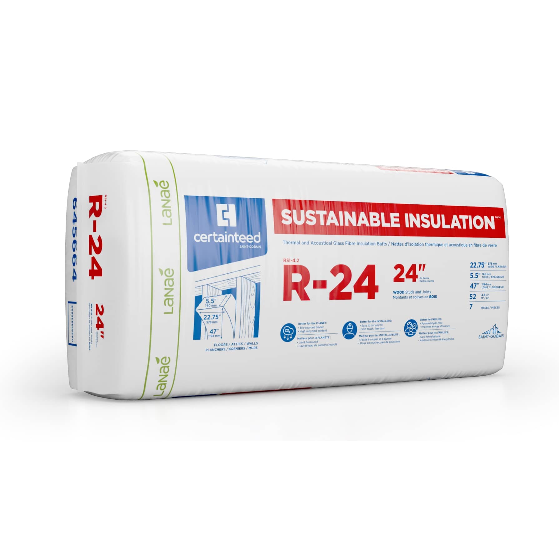 LANAE R24 x 22.75" Fiberglass Insulation, covers 51.98 sq. ft. | Home ...