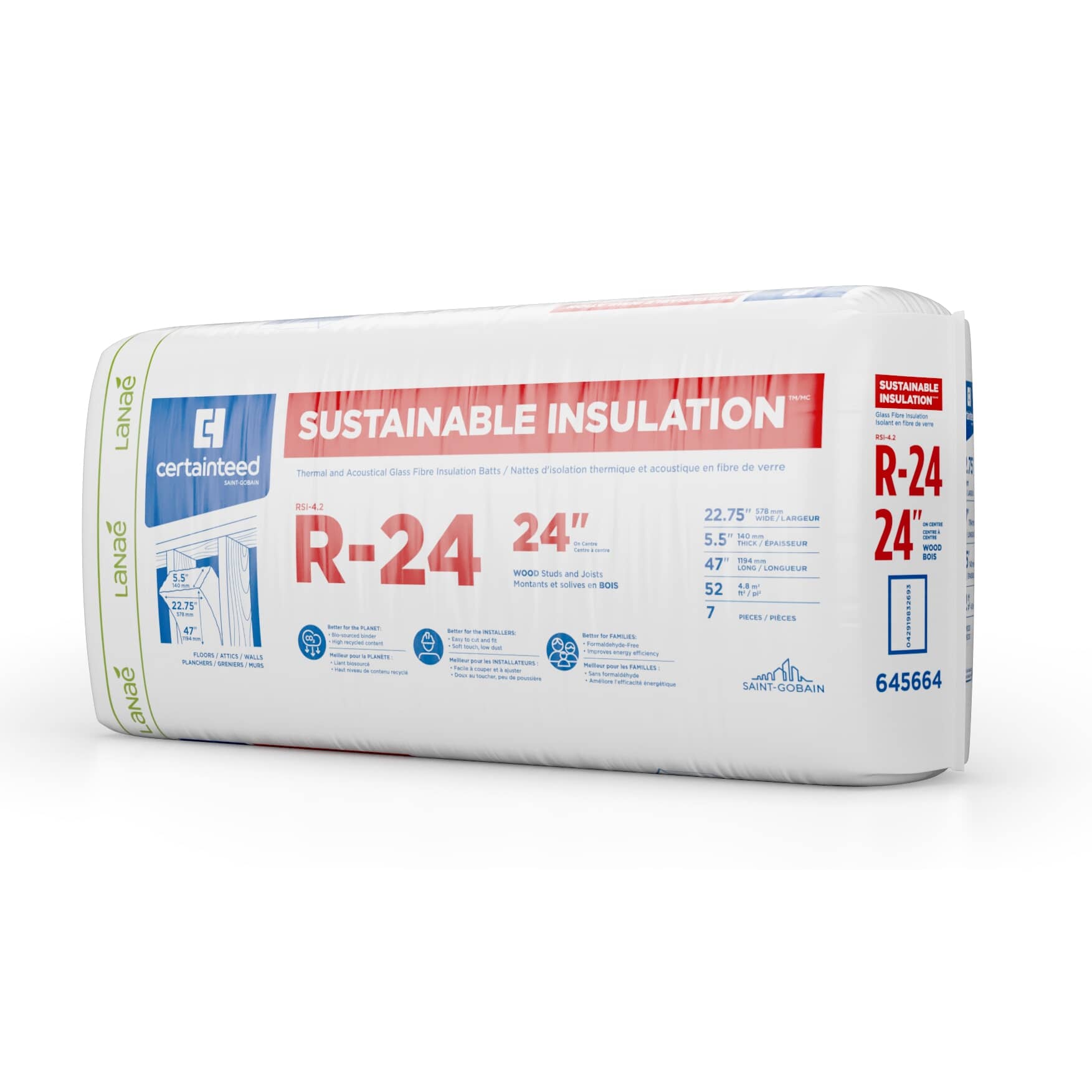 LANAE R24 x 22.75" Fiberglass Insulation, covers 51.98 sq. ft. | Home ...