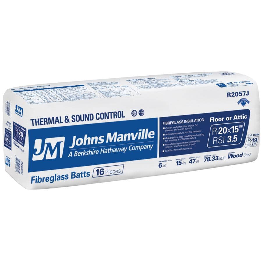 JOHNS MANVILLE R20 x 15" Fiberglass Insulation, covers 78.33 sq. ft ...