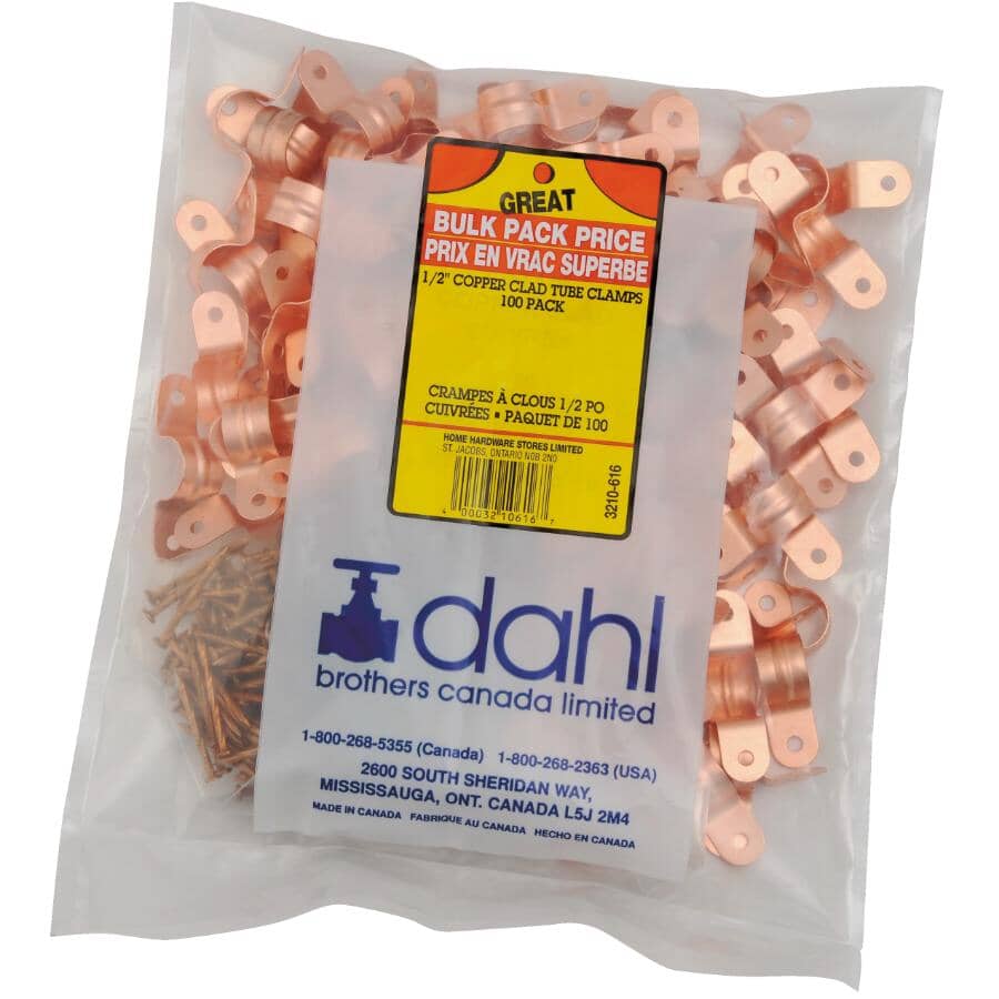 DAHL 1/2" Copper Plated Pipe Straps with Nails - 100 clamps | Home Hardware