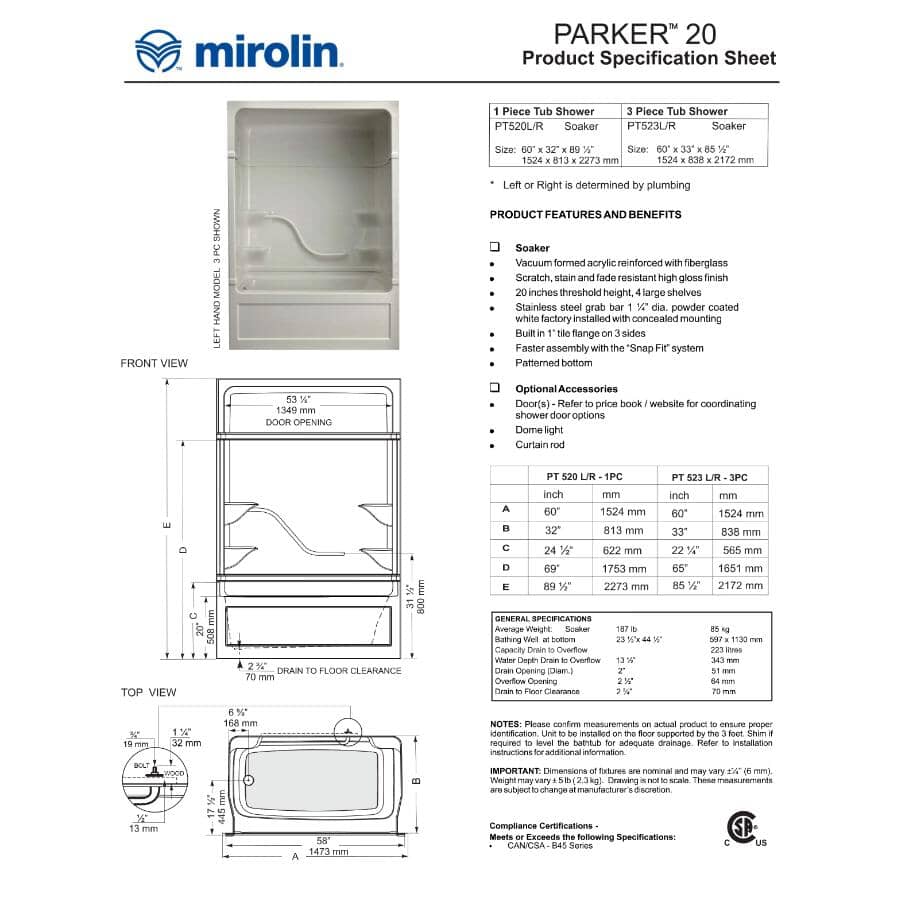 MIROLIN 60" x 33" Parker 20 3 Piece Acrylic Tub Shower | Home Hardware