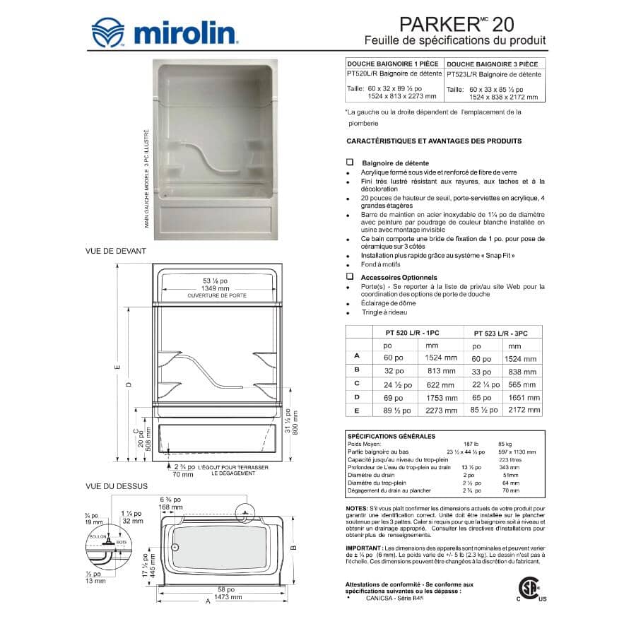 MIROLIN 60" x 33" Parker 20 3 Piece Acrylic Tub Shower | Home Hardware