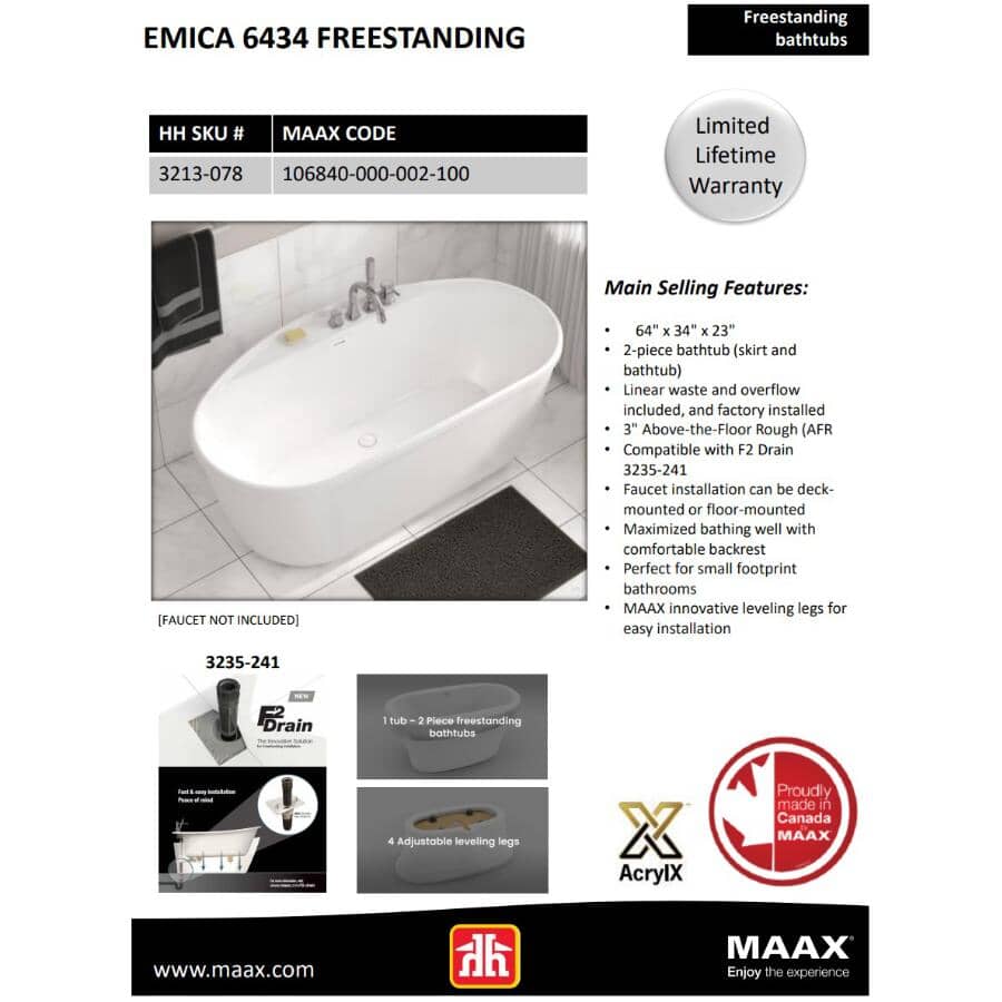 MAAX 64" x 34" Emica 2 Piece Freestanding Acrylx Tub | Home Hardware