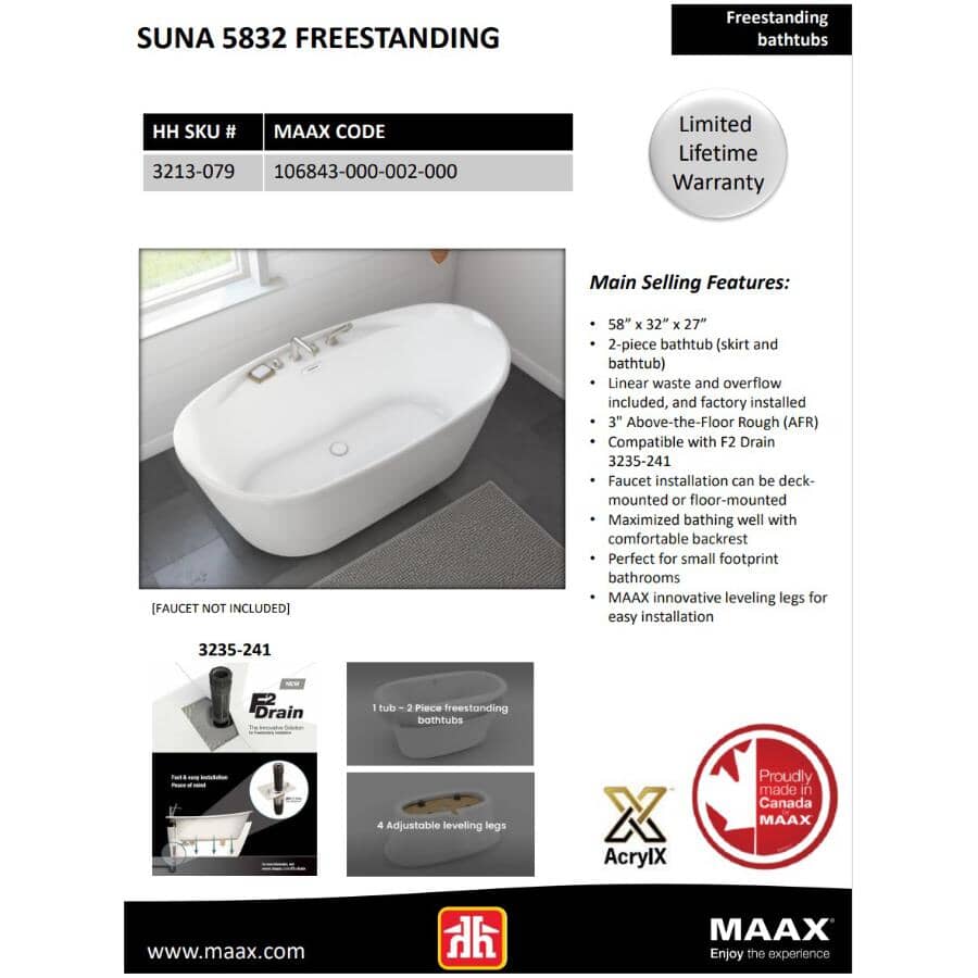 MAAX 58" x 32" Suna 2 Piece Freestanding Acrylx Tub | Home Hardware