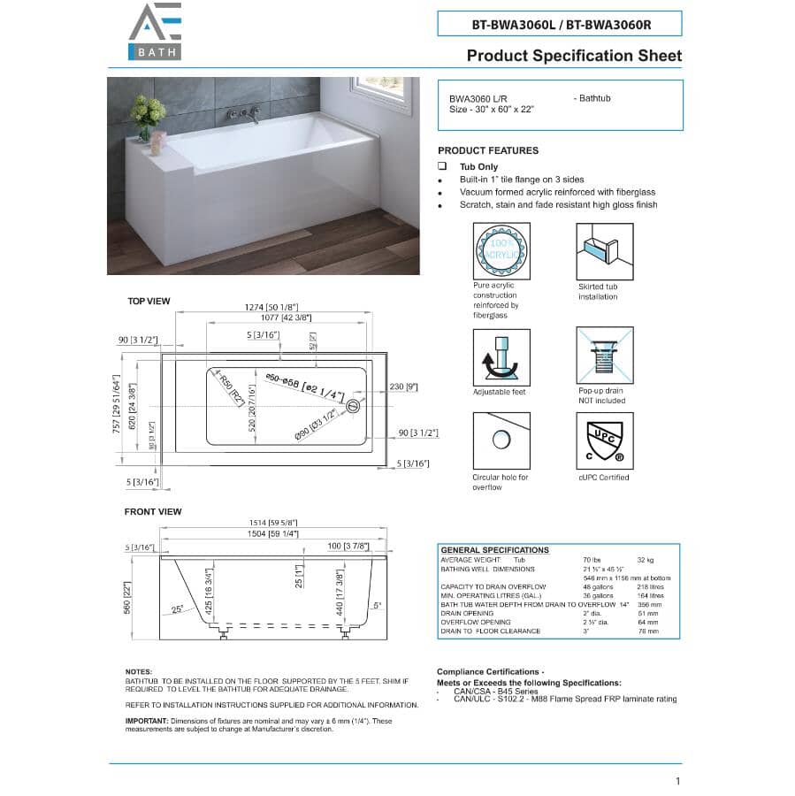 A&E BATH AND SHOWER 60" x 30" Ralph Acrylic Skirted Tub | Home Hardware