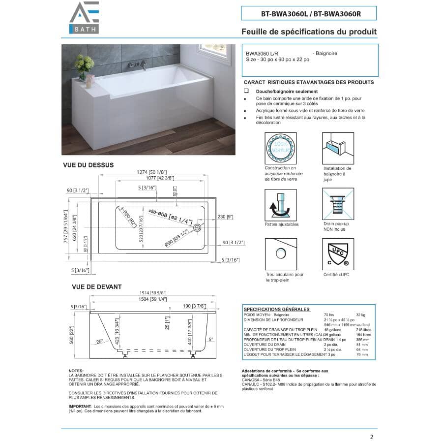 A&E BATH AND SHOWER 60" x 30" Ralph Acrylic Skirted Tub | Home Hardware