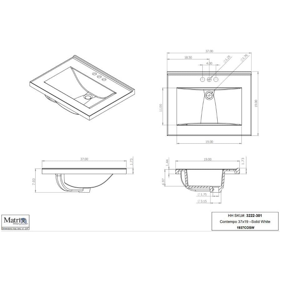 MATRIX DESIGNS 37" x 19" Cultured Marble Vanity Top with Rectangular ...