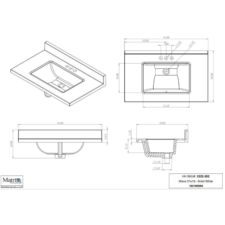 MATRIX DESIGNS 31" x 19" Cultured Marble Vanity Top with Rectangular ...