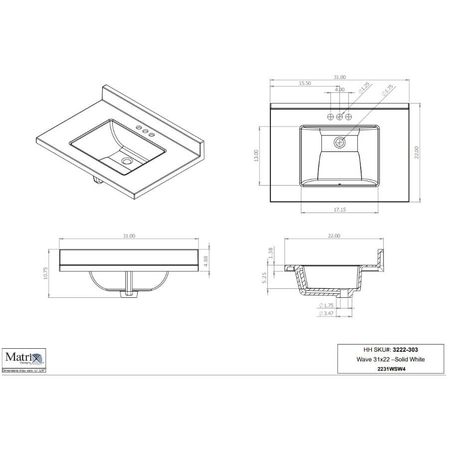 MATRIX DESIGNS 31" x 22" Cultured Marble Vanity Top with Rectangular ...