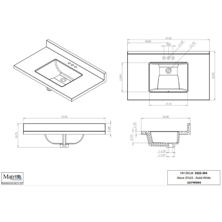 MATRIX DESIGNS 37" x 22" Cultured Marble Vanity Top with Rectangular ...