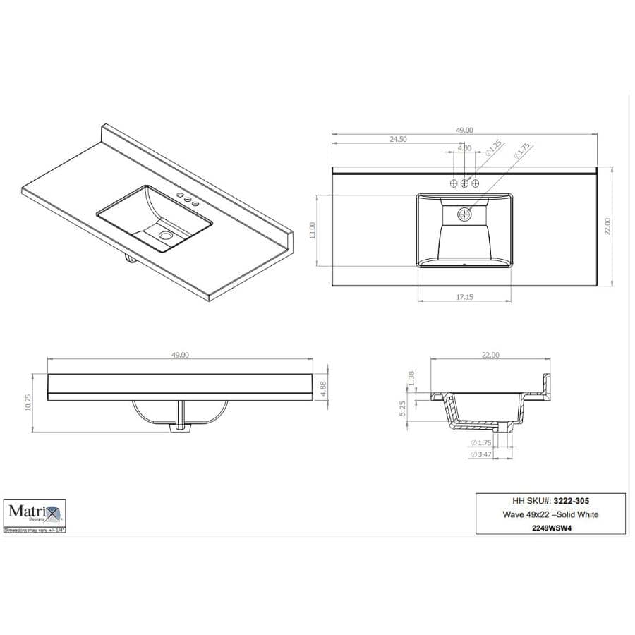 MATRIX DESIGNS 49" x 22" Cultured Marble Vanity Top with Rectangular ...