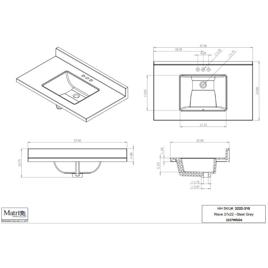 MATRIX DESIGNS 37" x 22" Cultured Granite Vanity Top with Rectangular ...