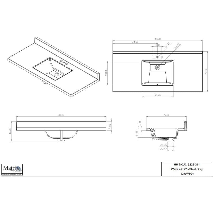 MATRIX DESIGNS 49" x 22" Cultured Granite Vanity Top with Rectangular ...