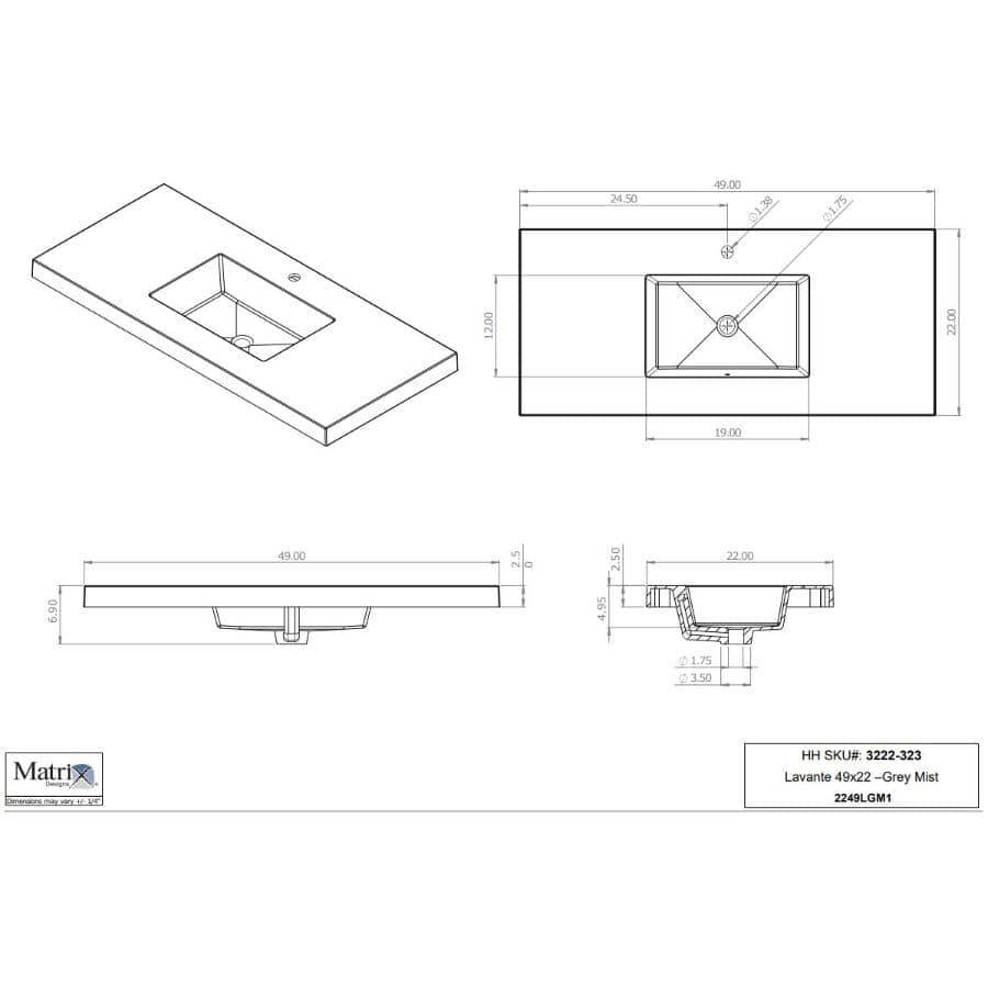 MATRIX DESIGNS 49" x 22" Lavante Cultured Marble Vanity Top with ...