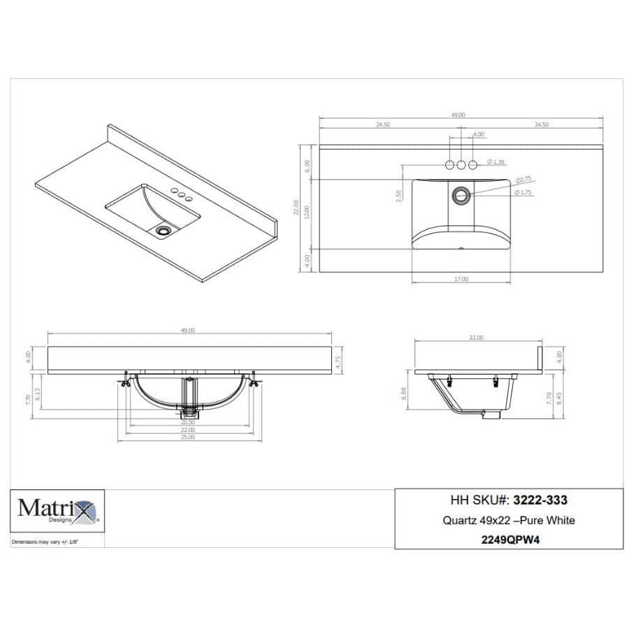 MATRIX DESIGNS 31" x 22" Quartz Vanity Top with Rectangular Ceramic ...