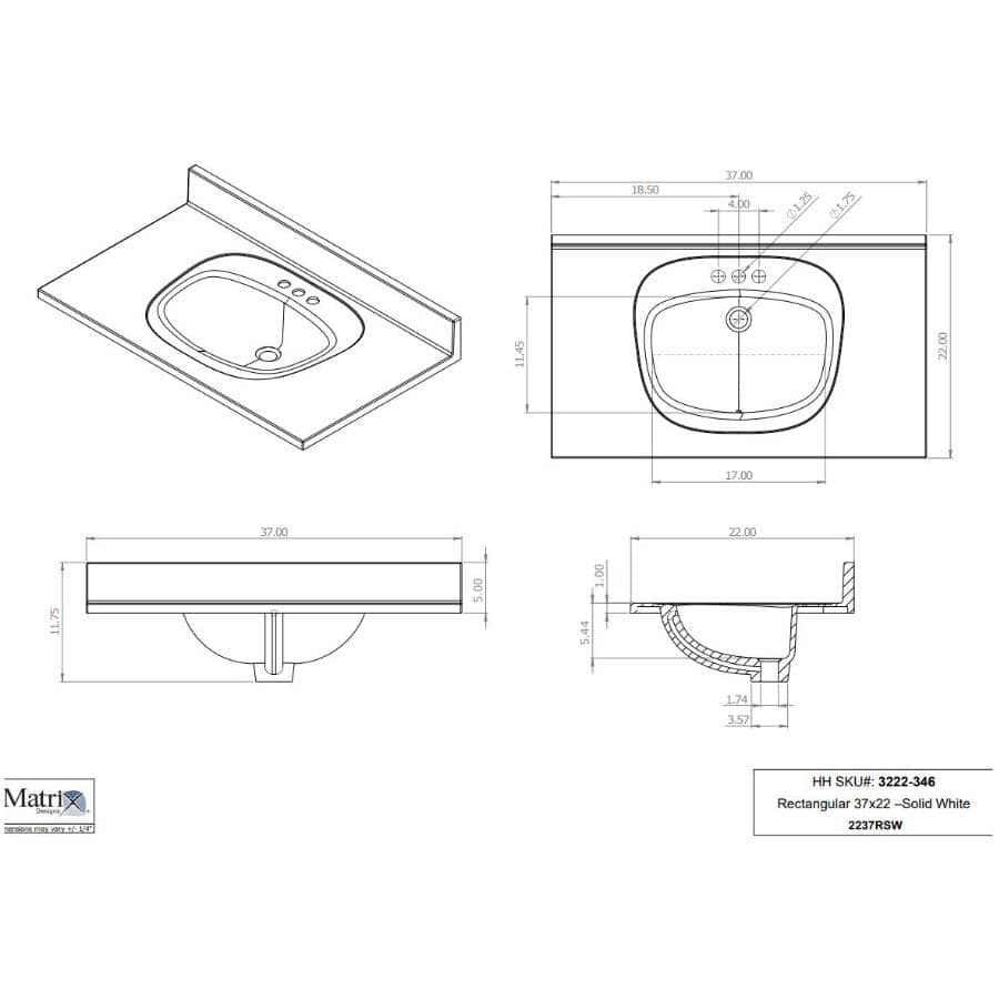 MATRIX DESIGNS 37" x 22" Cultured Marble Vanity Top with Rectangular ...