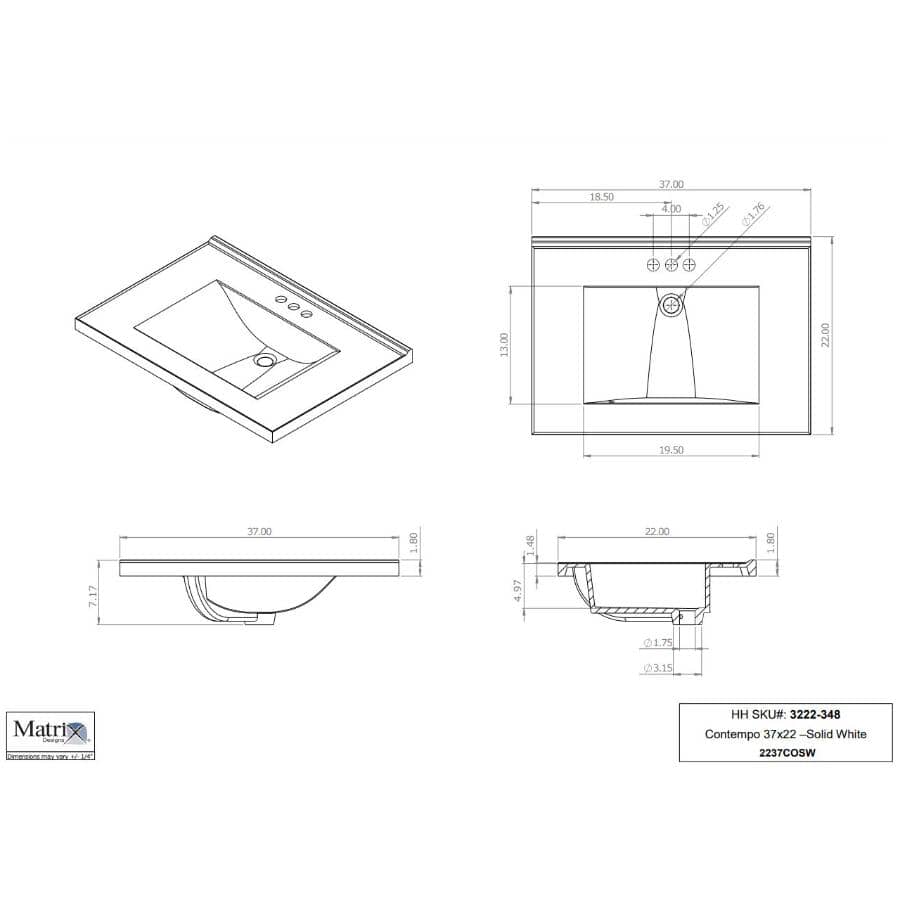 MATRIX DESIGNS 37" x 22" Cultured Marble Vanity Top with Rectangular ...