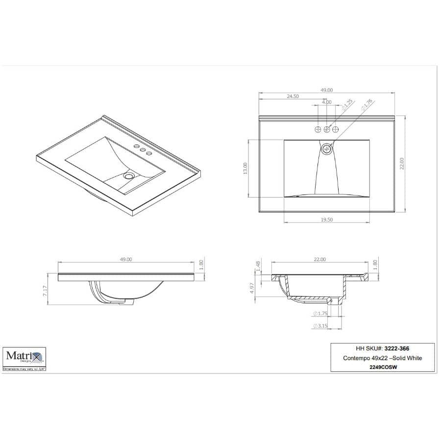 MATRIX DESIGNS 49" x 22" Cultured Marble Vanity Top with Rectangular ...