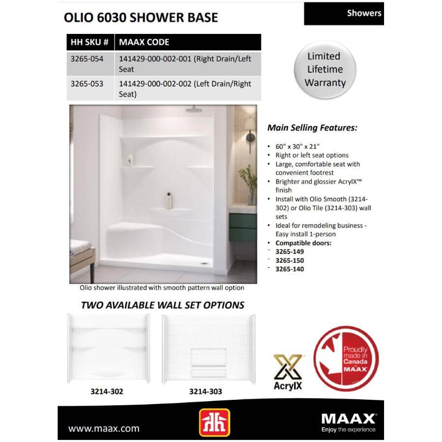 MAAX 60" x 30" Olio Shower Base with Right Hand Drain & Left Hand Seat ...