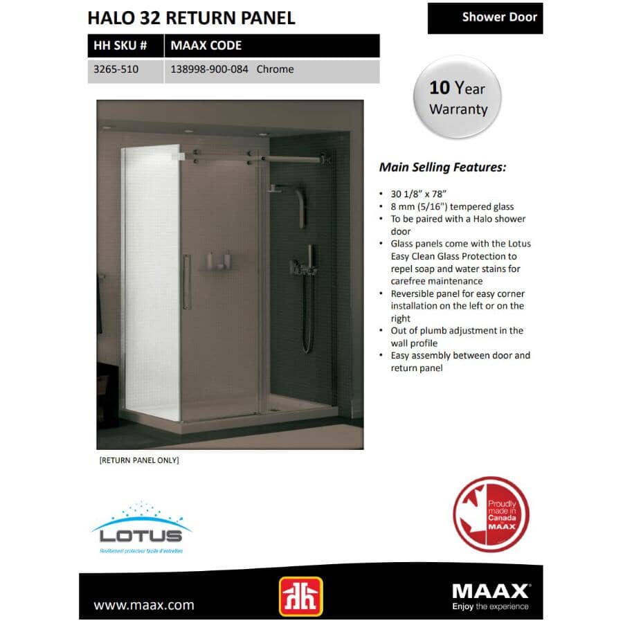 MAAX 32" x 78.75" Halo Frameless Return Panel | Home Hardware