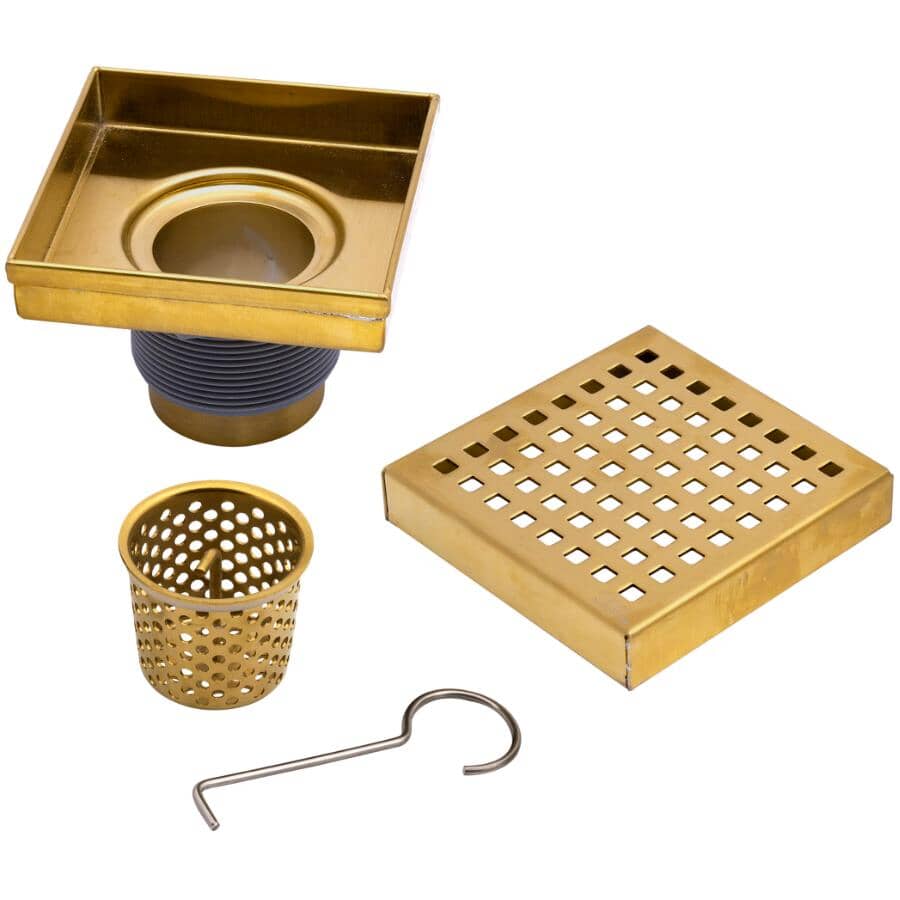 OATEY Designline 4" x 4" Square Shower Drain with Brushed Gold Grate ...