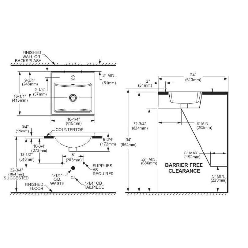 AMERICAN STANDARD 16.38" x 16.38" Marquette Square Drop-In Basin | Home ...
