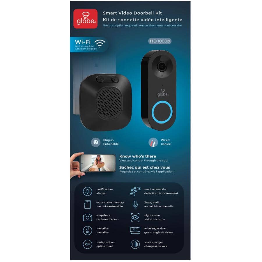 GLOBE ELECTRIC Wireless Plug-In Smart Doorbell Chime with Wired Camera ...