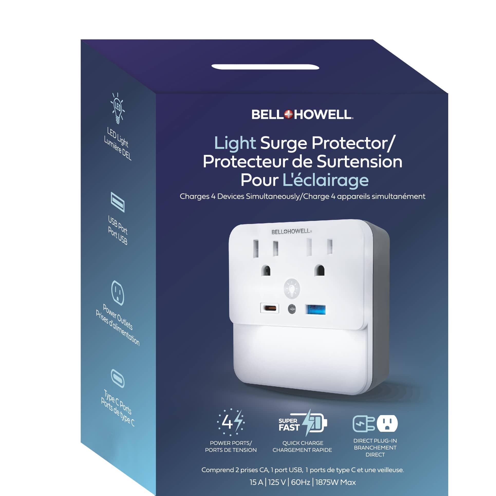 BELL & HOWELL 4 Outlet Light Surge Protector with LED light, 1 Type-C ...