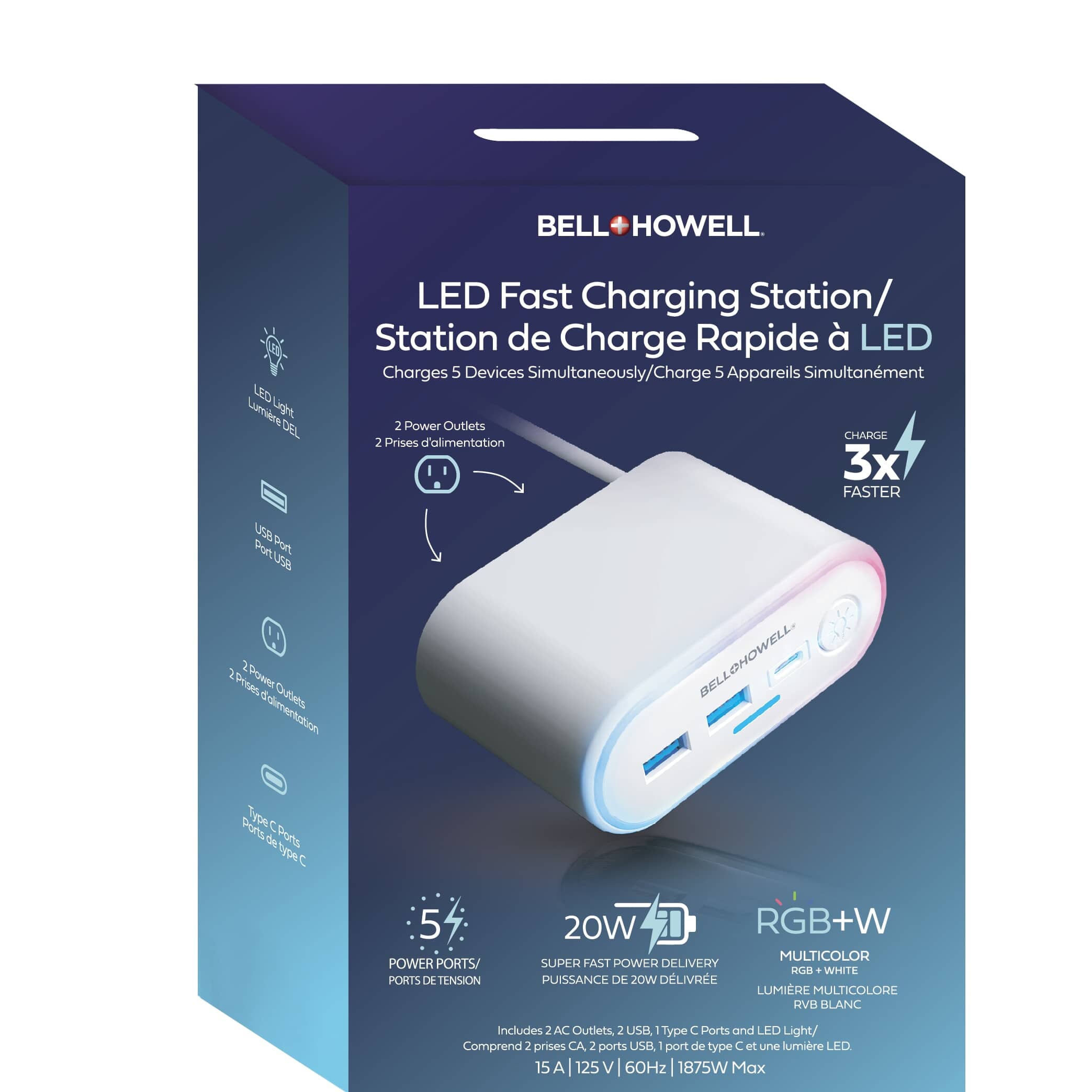BELL & HOWELL 2 Outlet LED Fast Charging Station with 1 Type-C & 2 USB ...