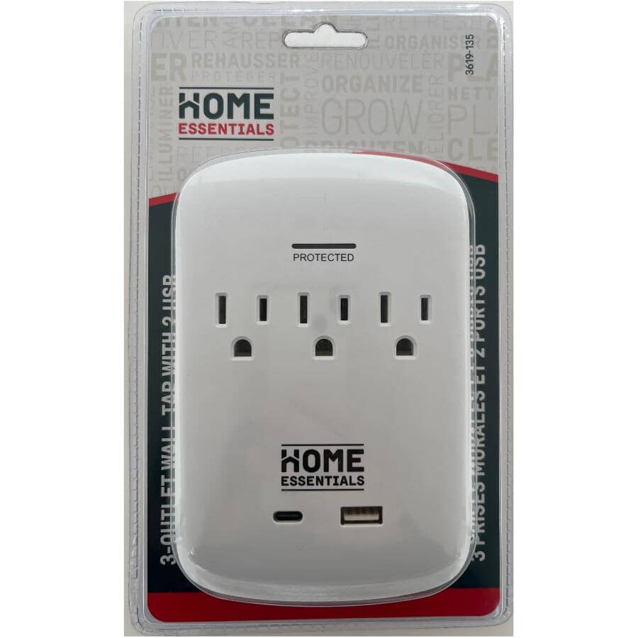 HOME ESSENTIALS 3 Outlet Wall Tap with Surge Protection + 2 USB ...